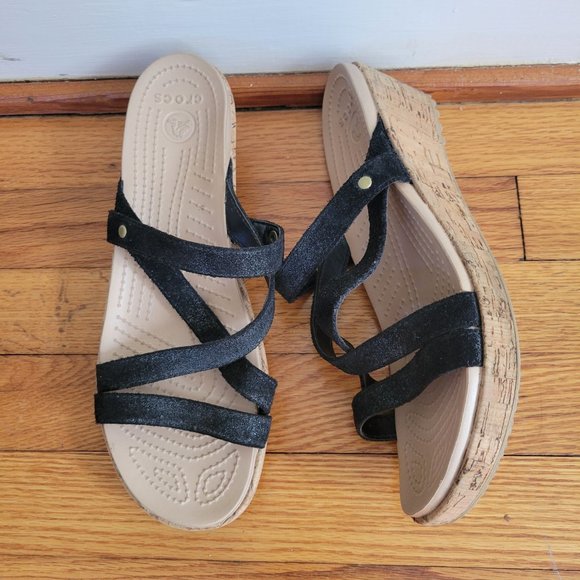 CROCS | Shoes | Crocs Black Wedge Slip On Sandals Open Toe Aleigh ...